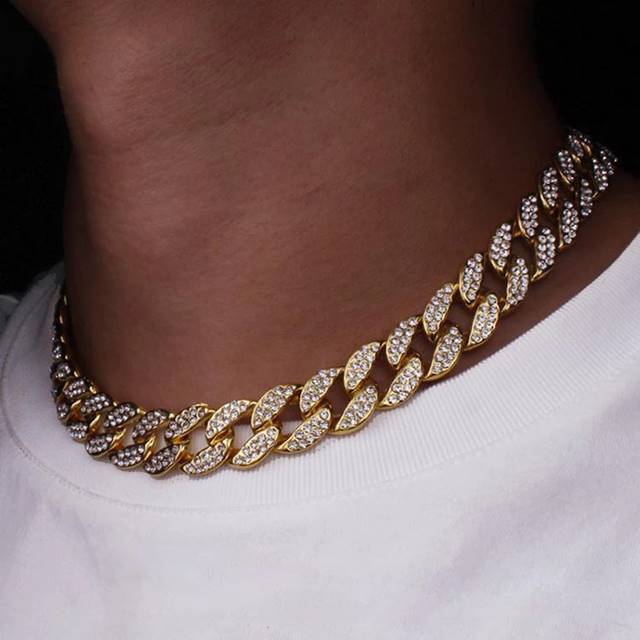 Lant cubanez cu cristale Zirconiu placat cu aur 18K aliaj metalic 45cm ...